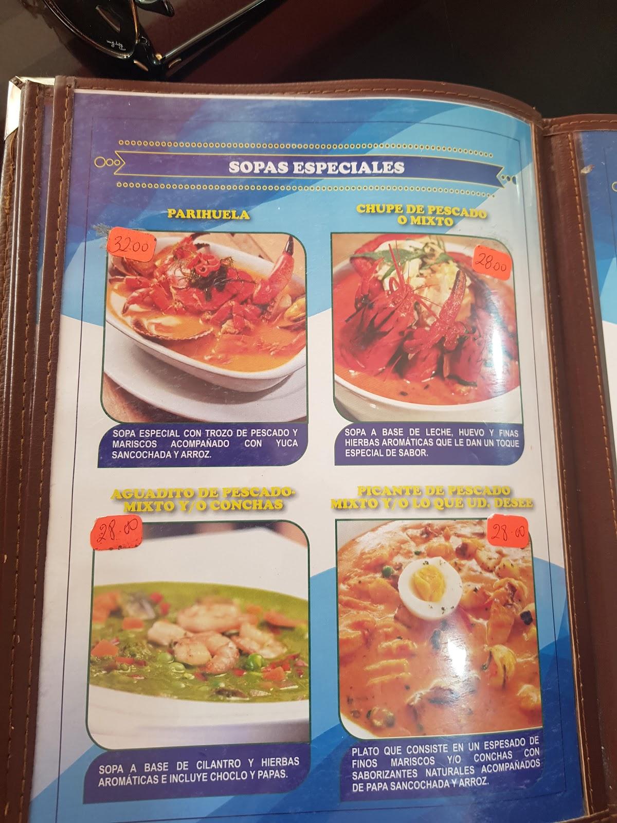 Menu at Grecia restaurant, Pisco
