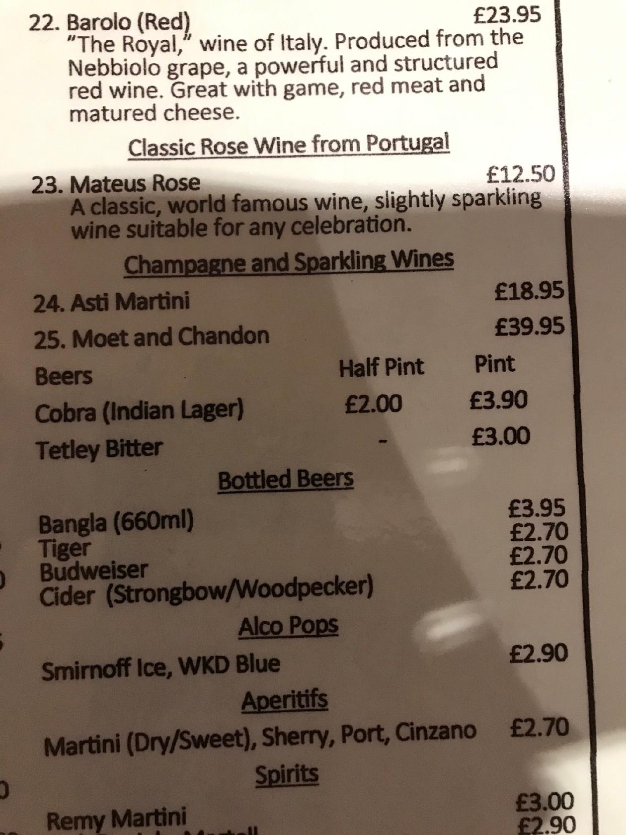 Menu at Jaflong Curry restaurant, Stoke-on-Trent
