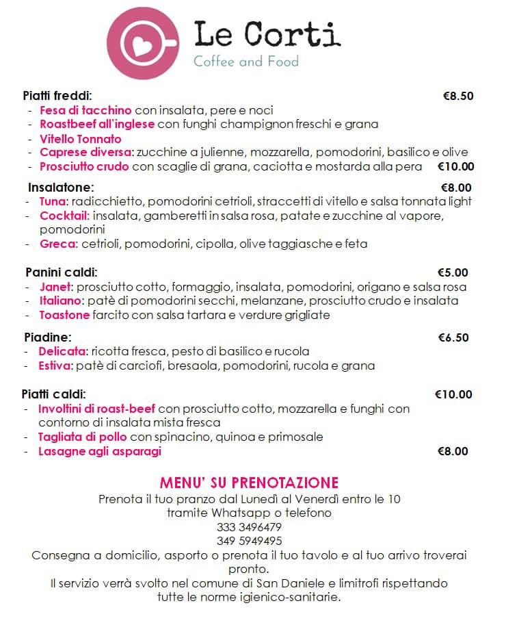 Menu at Le Corti Non Solo Caffè restaurant, San Daniele del Friuli