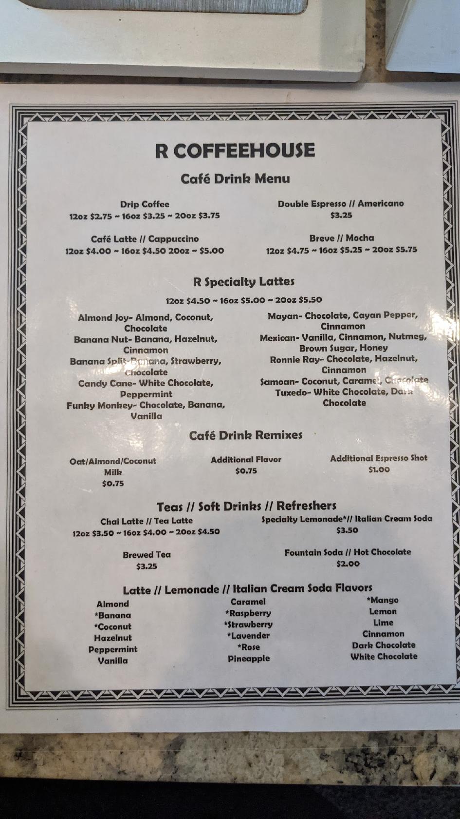 Menu at R Coffeehouse cafe, Wichita