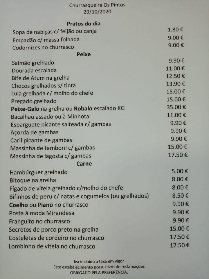 Menu at Os Pintos restaurant, Alverca do Ribatejo