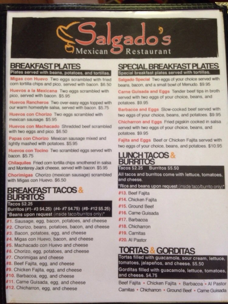 Menu at Salgado's Restaurante, Belton