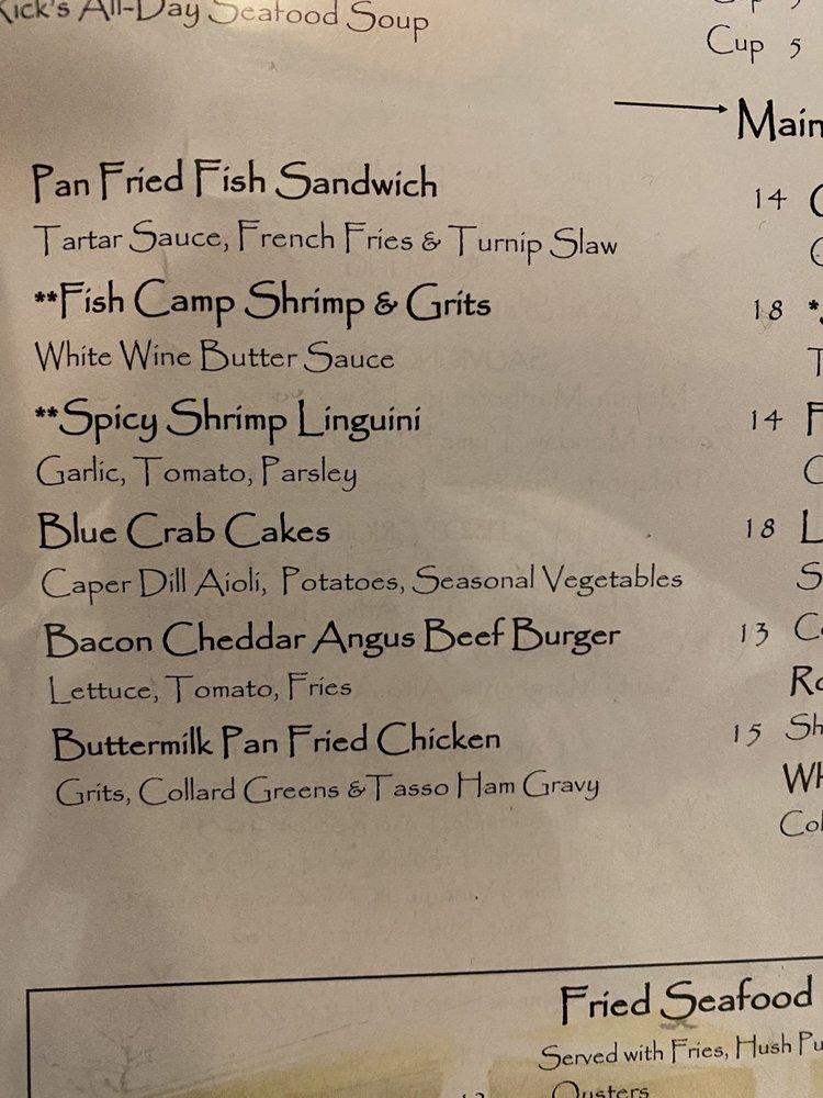 Menu at St. Augustine Fish Camp restaurant, St. Augustine
