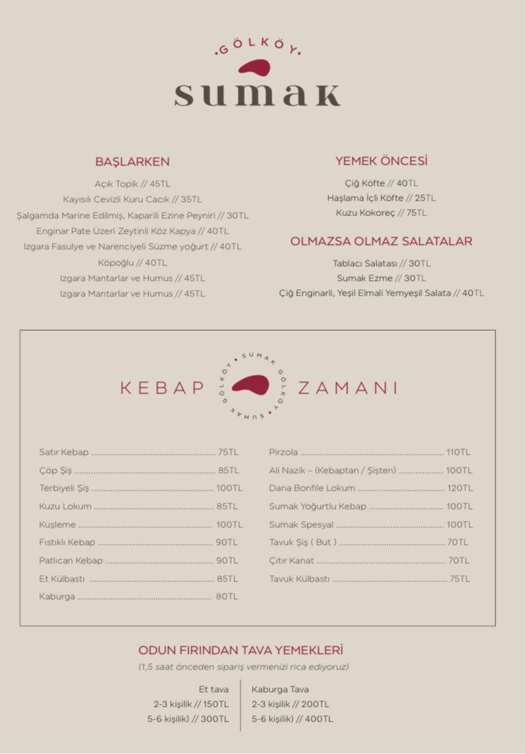 Menu at Sumak Bodrum, Göltürkbükü