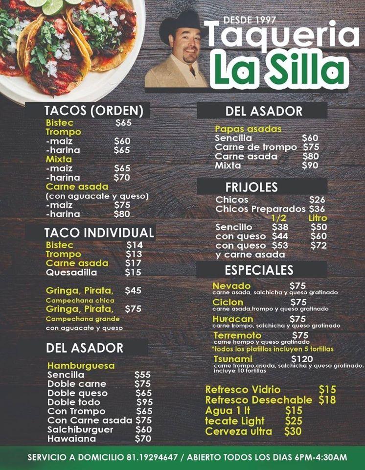Menu at TAQUERIA LA SILLA restaurant, Monterrey, Esquina