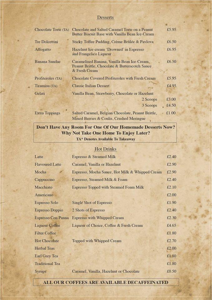 Menu at Tosca restaurant, Sunderland