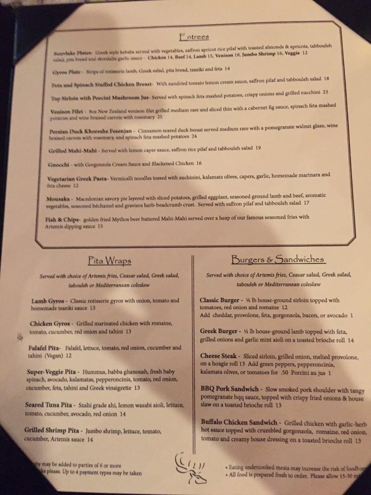 Menu at Artemis Lakefront Café restaurant, South Lake Tahoe