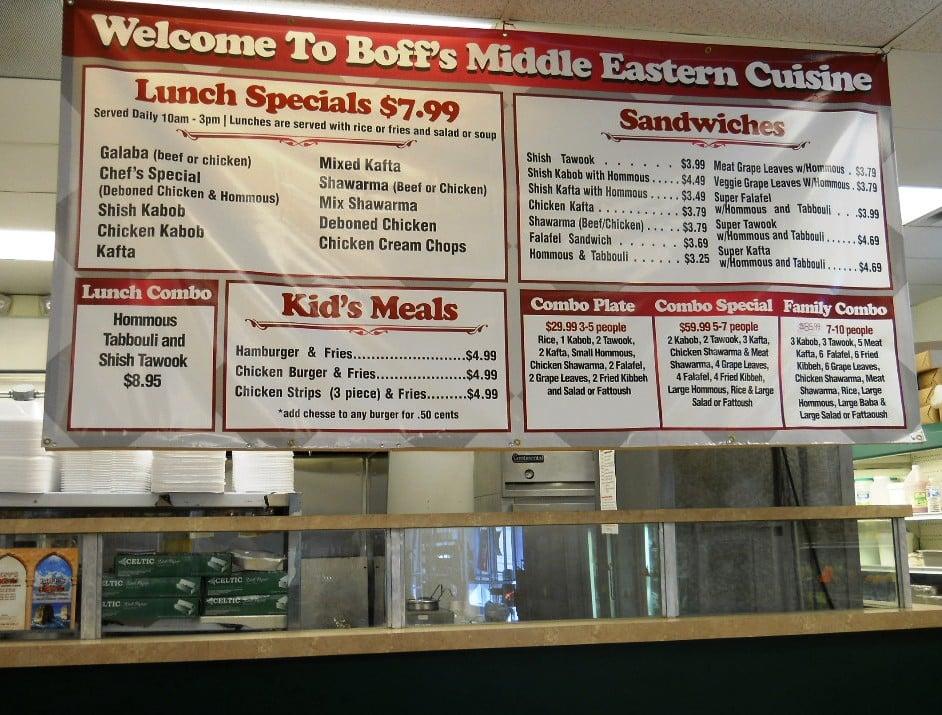 Menu at Boff's Middle Eastern Cuisine restaurant, Warren