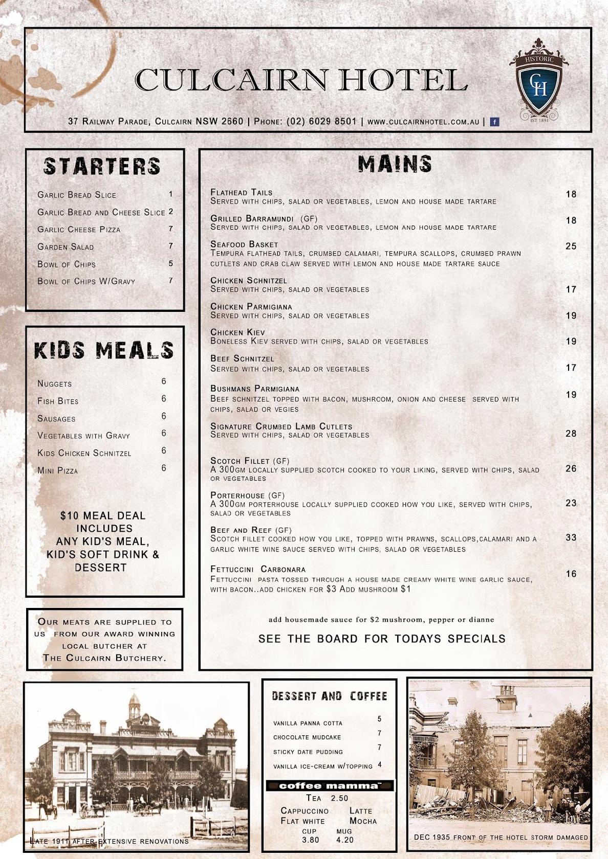 Menu at Culcairn Hotel restaurant, Culcairn
