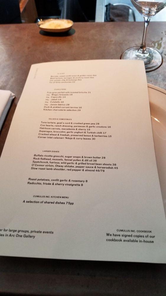 Menu at Cumulus Inc. pub & bar, Melbourne