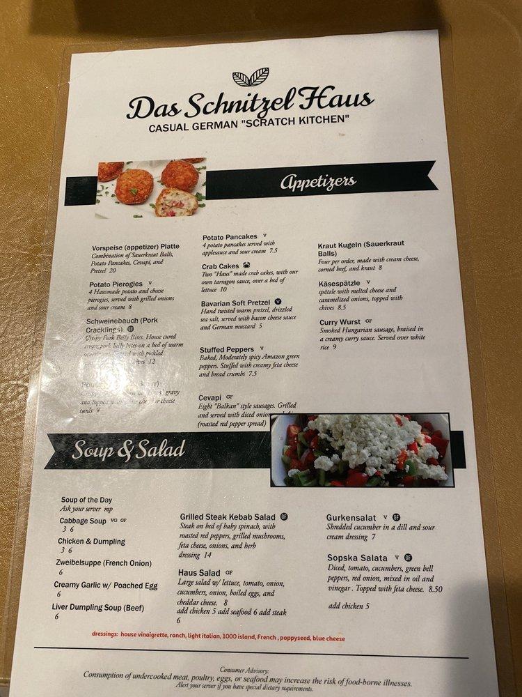 Menu at Das Schnitzel Haus restaurant, Parma