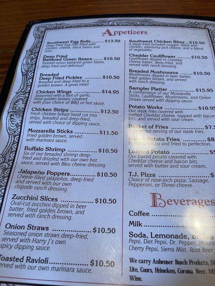 Menu at Harry J's Steakhouse, Moscow Mills