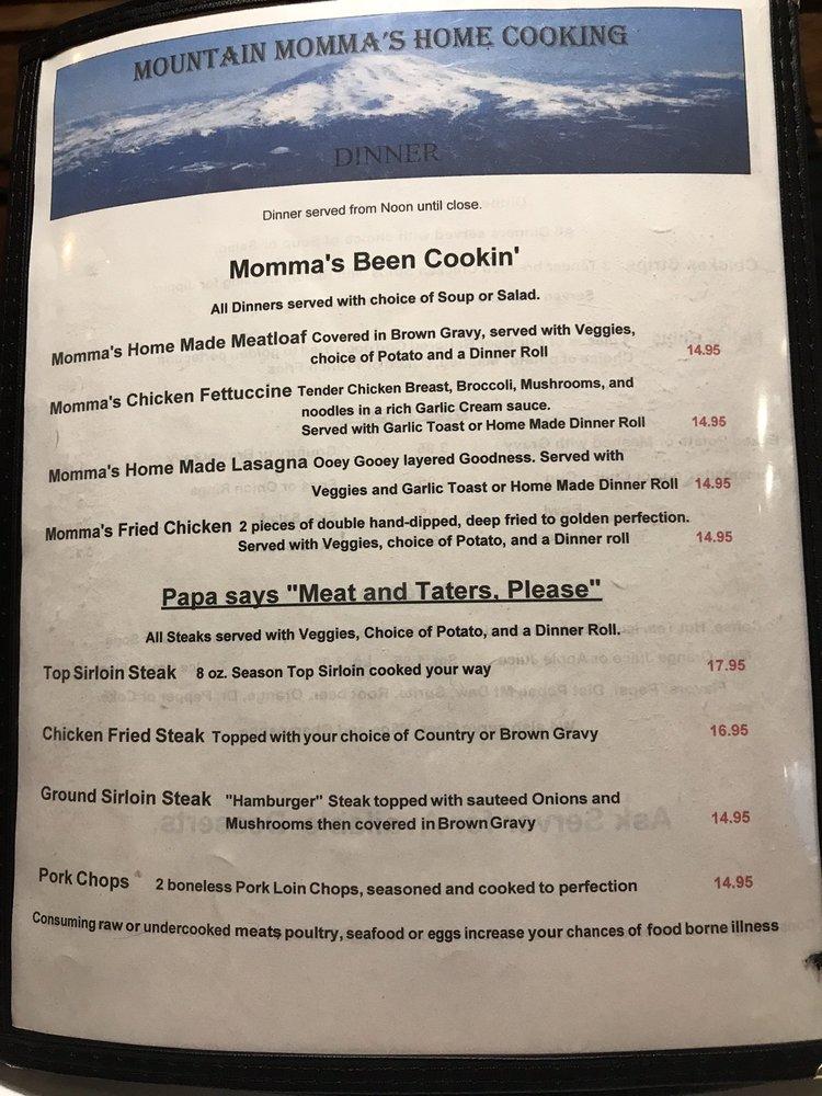 Menu at Mountain Mommas restaurant, USA