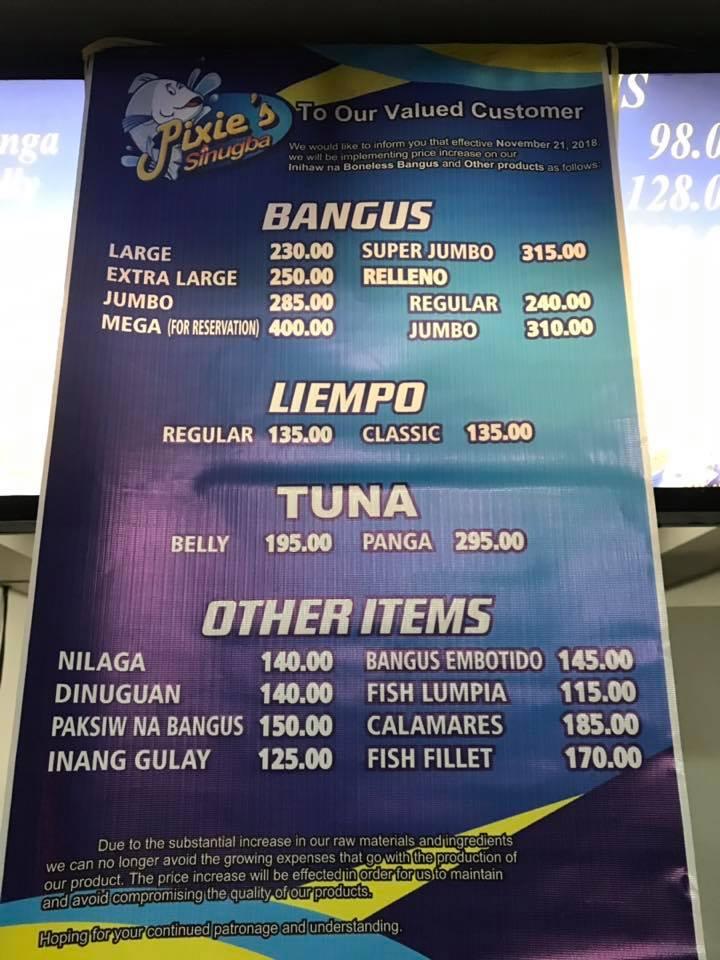 Menu at Pixie's Sinugba restaurant, Quezon City, 98 20th Ave
