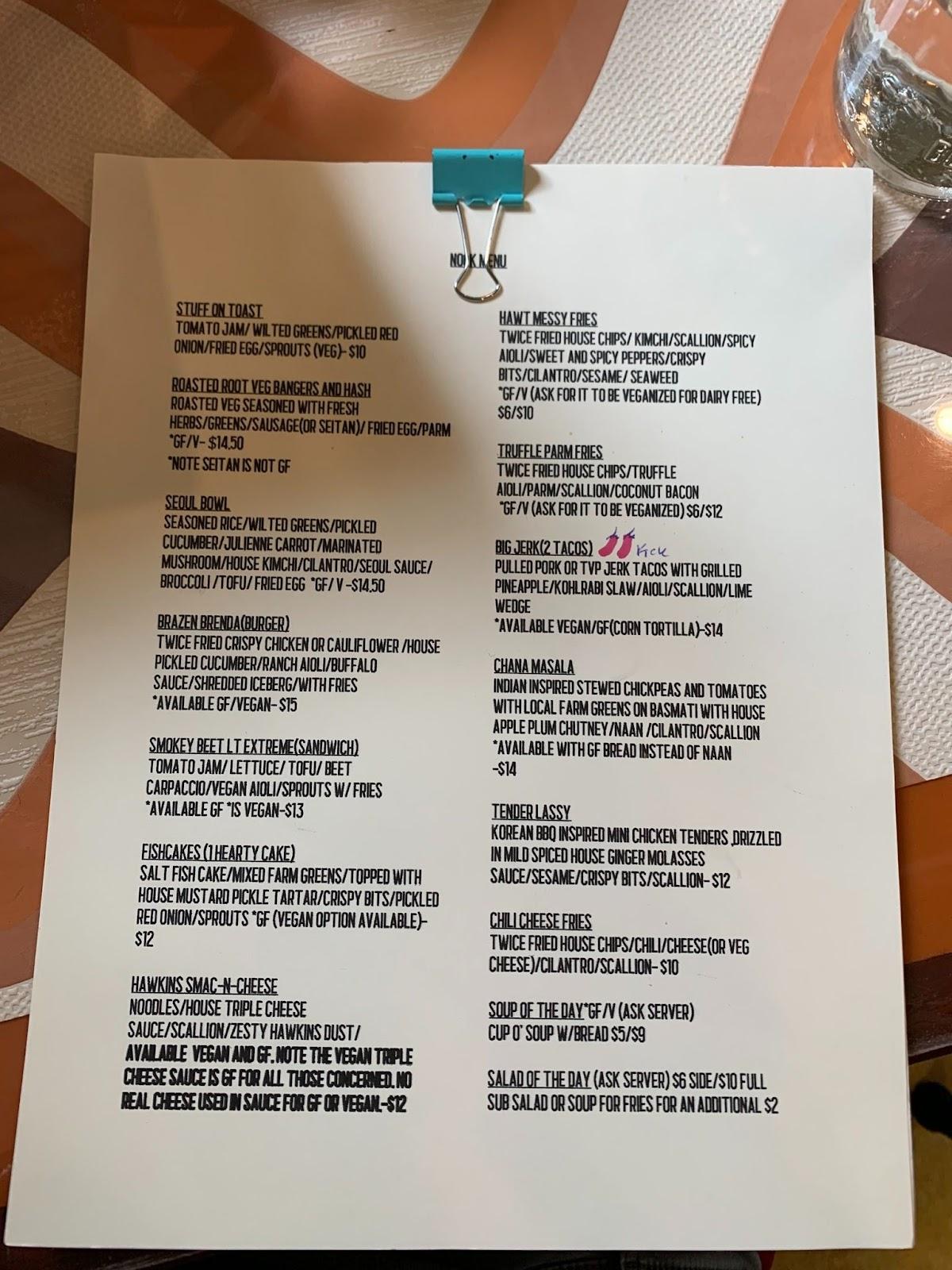 Menu at The Nook and Cannery restaurant, St. John's