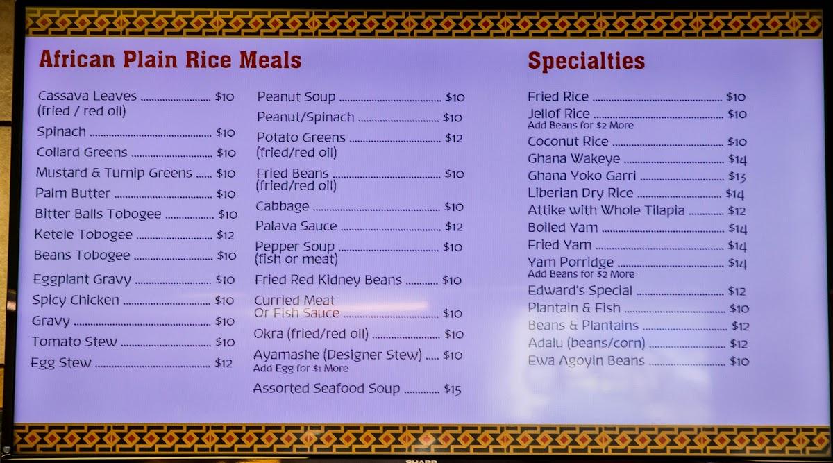 Menu at African Deli restaurant, Brooklyn Center, Brooklyn Blvd #13