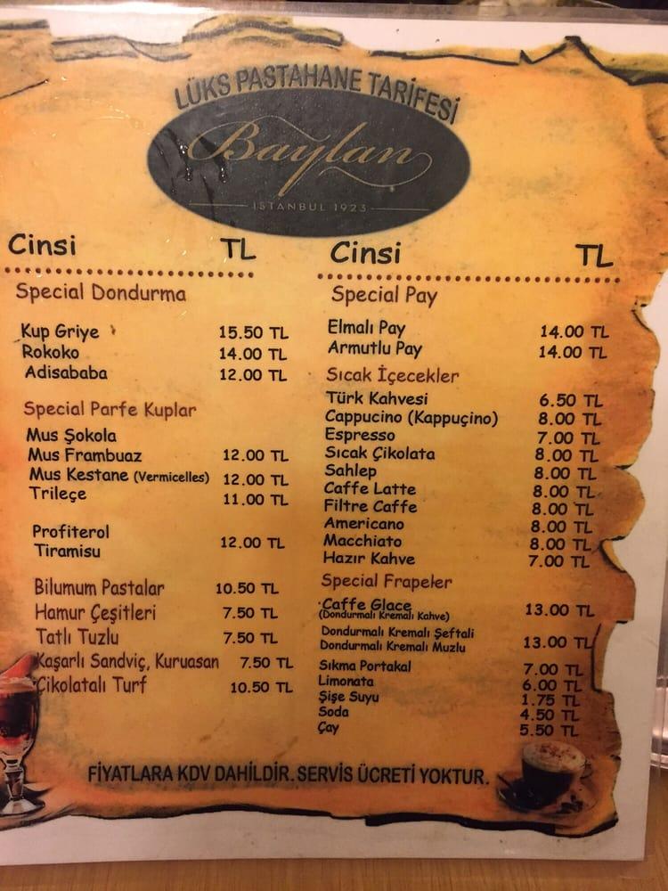 Menu at Baylan, Istanbul, Muvakkithane Caddesi No: 9/A
