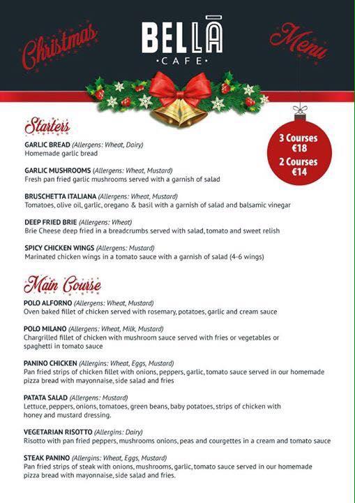 Menu at Bella Cafe, Fermoy, 41 McCurtain St