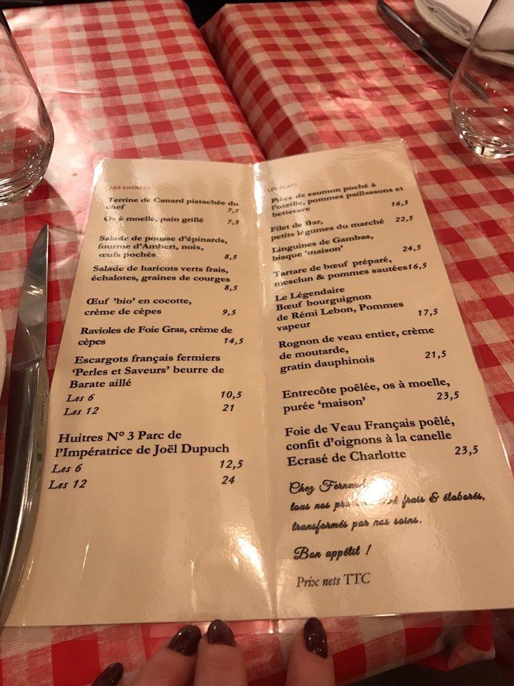 Menu at Chez Fernand restaurant, Paris, 13 Rue Guisarde