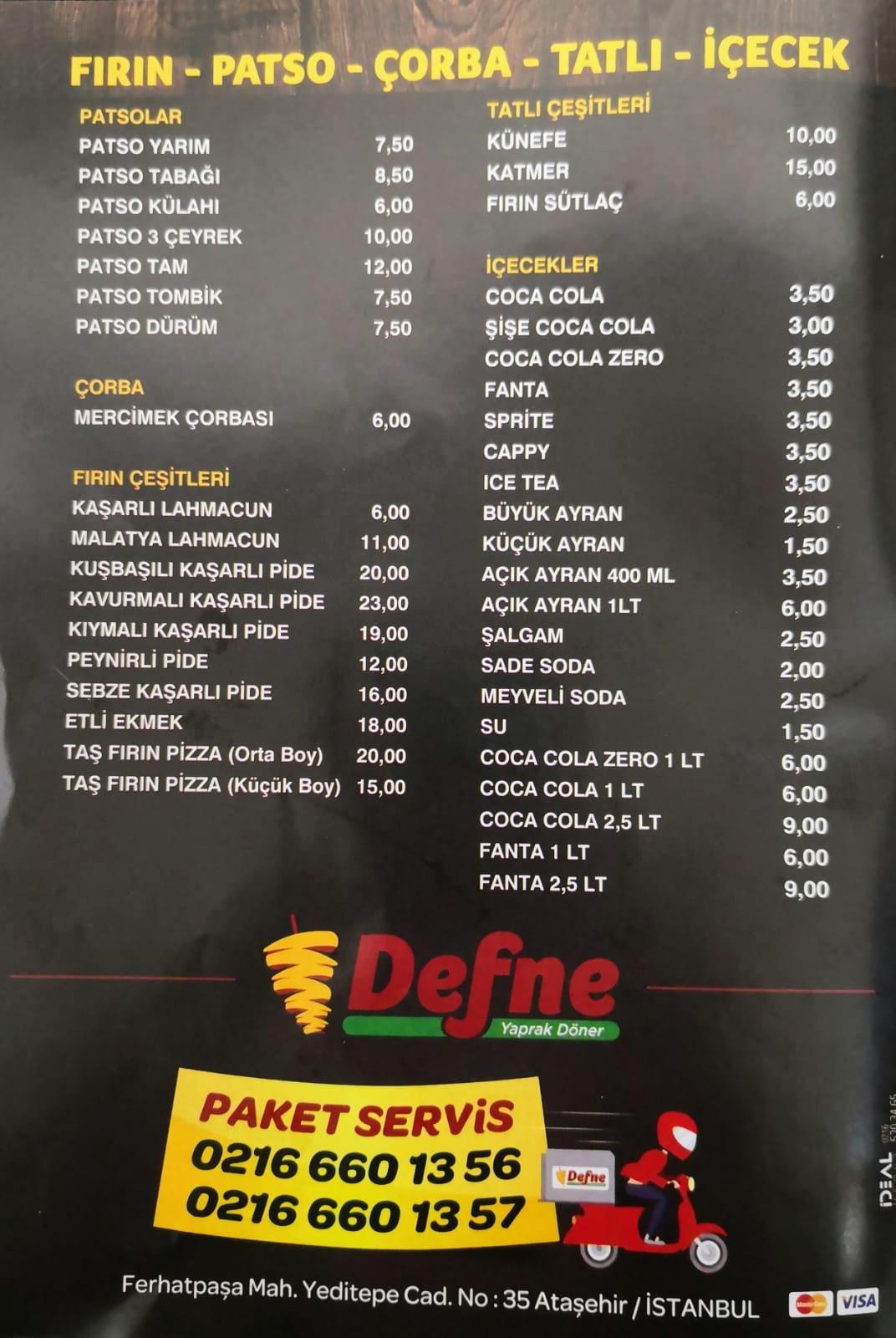Menu at DEFNE YAPRAK DÖNER HATAY USULÜ ÖZEL SOSLU, Istanbul