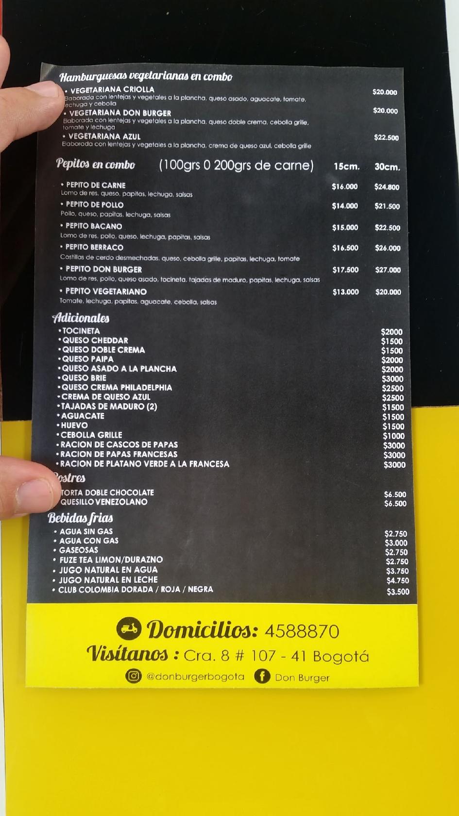 Menu at Don Burger Hamburgueseria restaurant, Bogotá