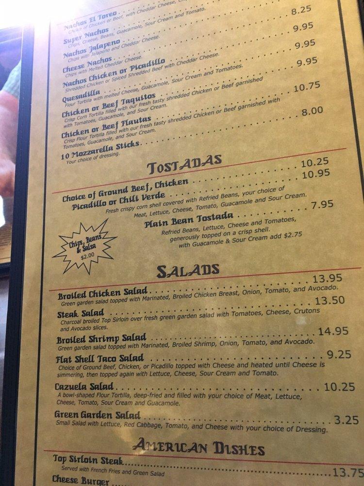 Menu at El Toreo Mexican Restaurant, Burns