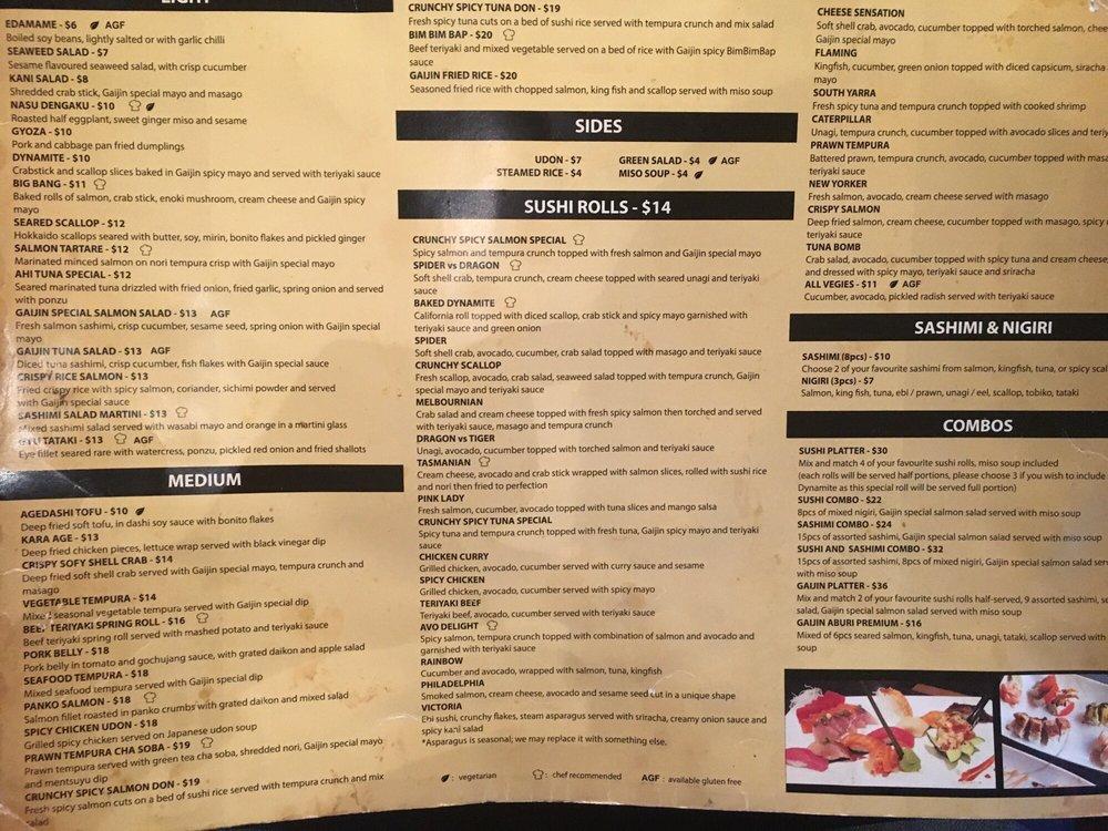 Menu at Gaijin Japanese Fusion restaurant, South Yarra