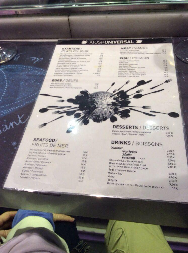 Menu at Kiosko Universal restaurant, Barcelona