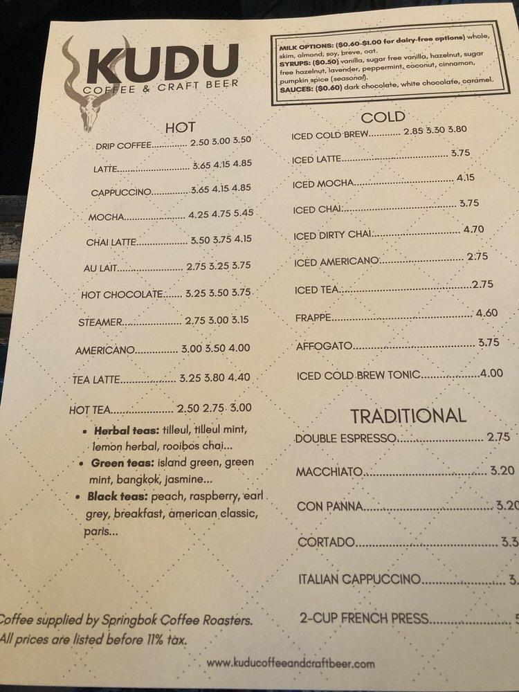 Menu at Kudu Coffee and Craft Beer pub & bar, Charleston