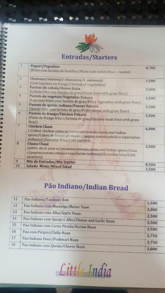 Menu at Little India restaurant, Nazaré