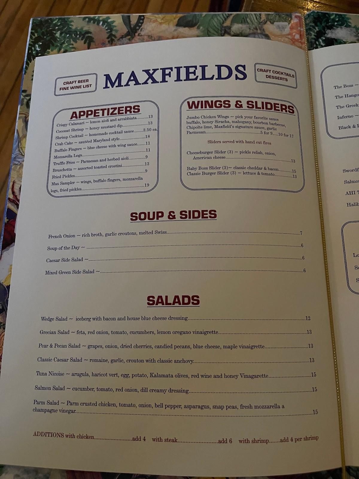 Menu at Maxfields restaurant, Potsdam, 15 Market St