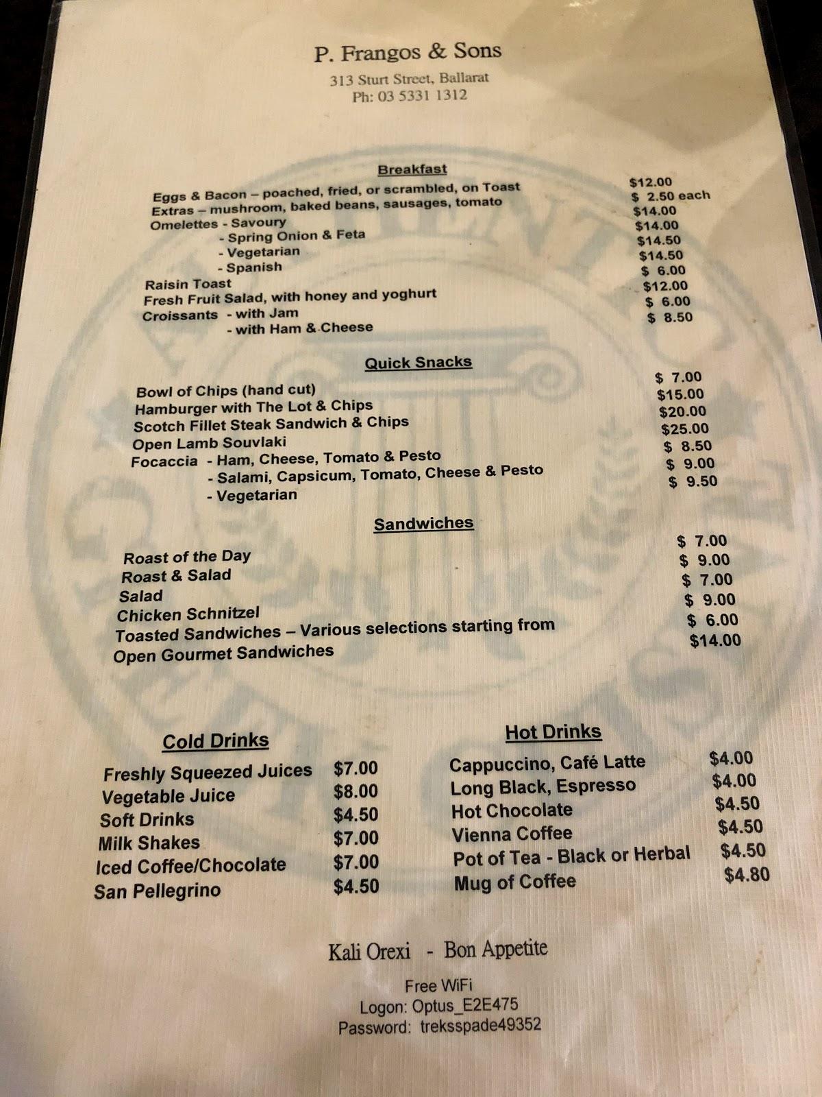 Menu at P. Frangos & Sons restaurant, Ballarat Central, 313 Sturt St