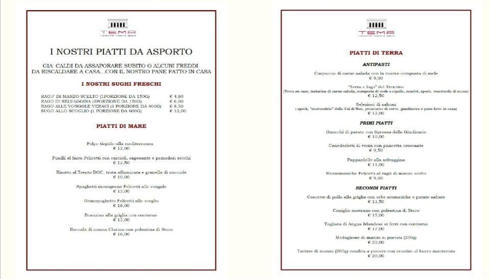 Menu da Ristorante Pizzeria Tema, Rovereto