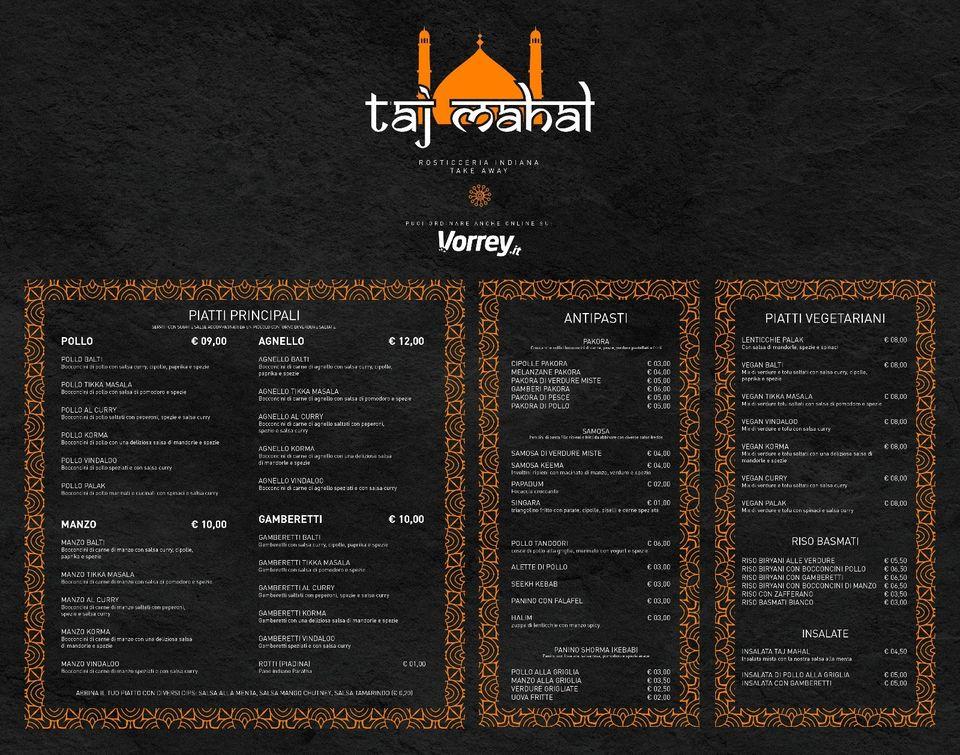 Menu da Taj Mahal ristorante, Treviso