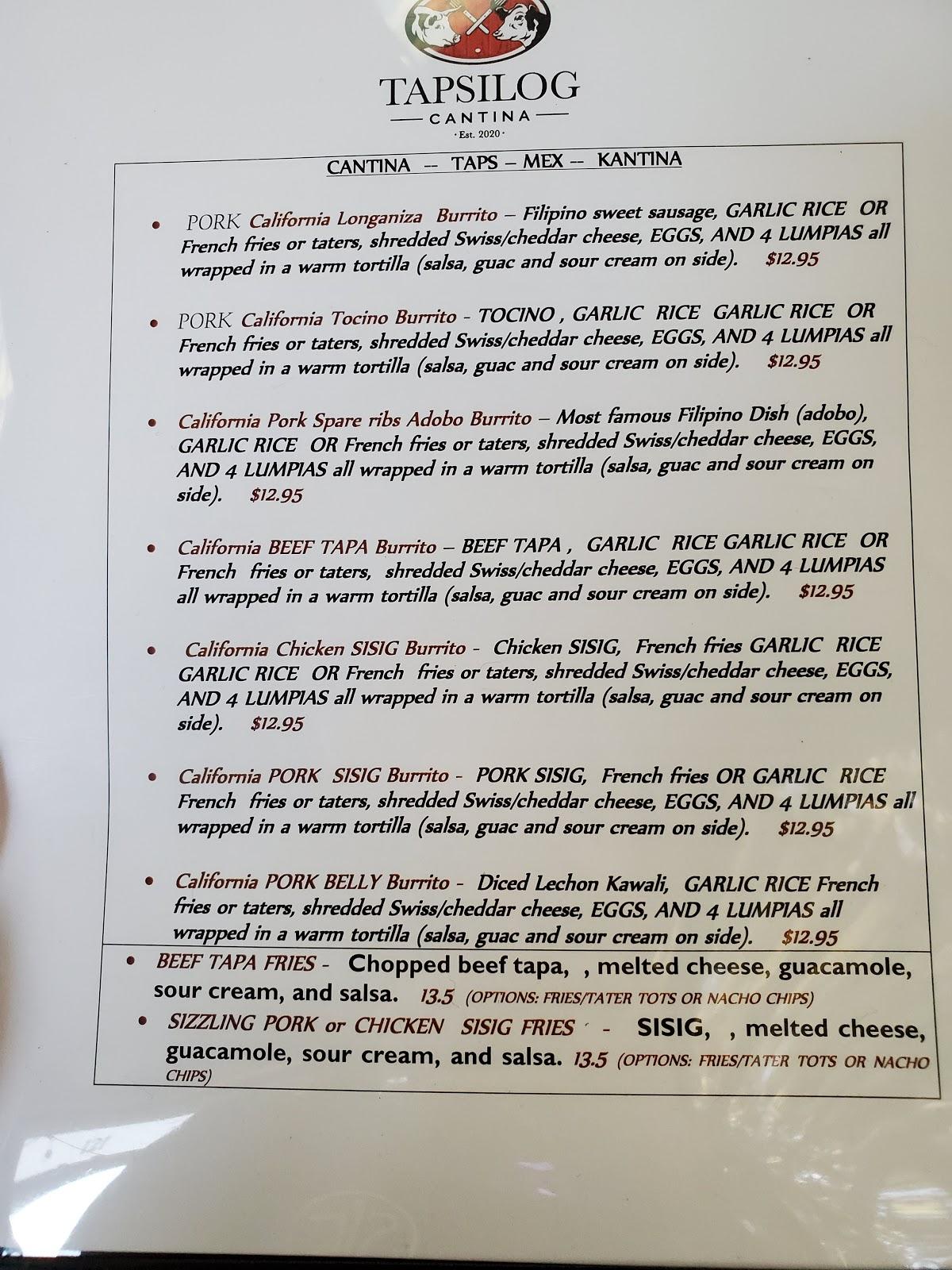 Menu at Tapsilog Cantina pub & bar, Santa Clara