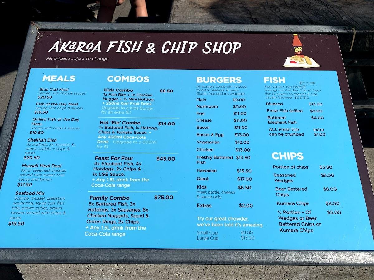 Menu at Akaroa Fish & Chips restaurant, Akaroa