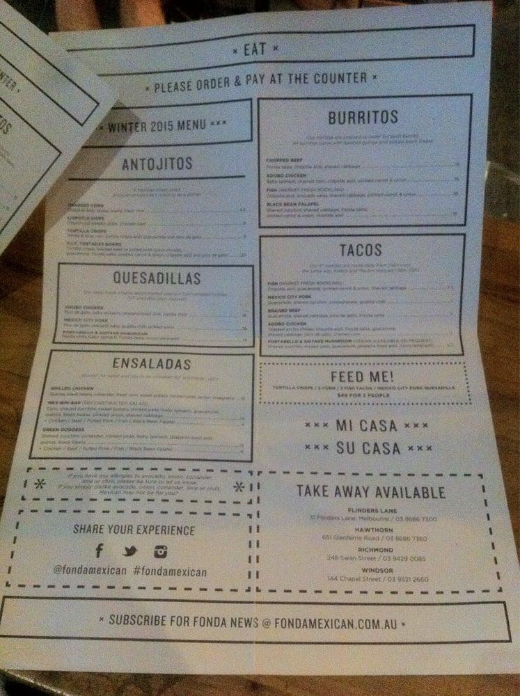 Menu at Fonda Mexican Windsor restaurant, Windsor, 144 Chapel St