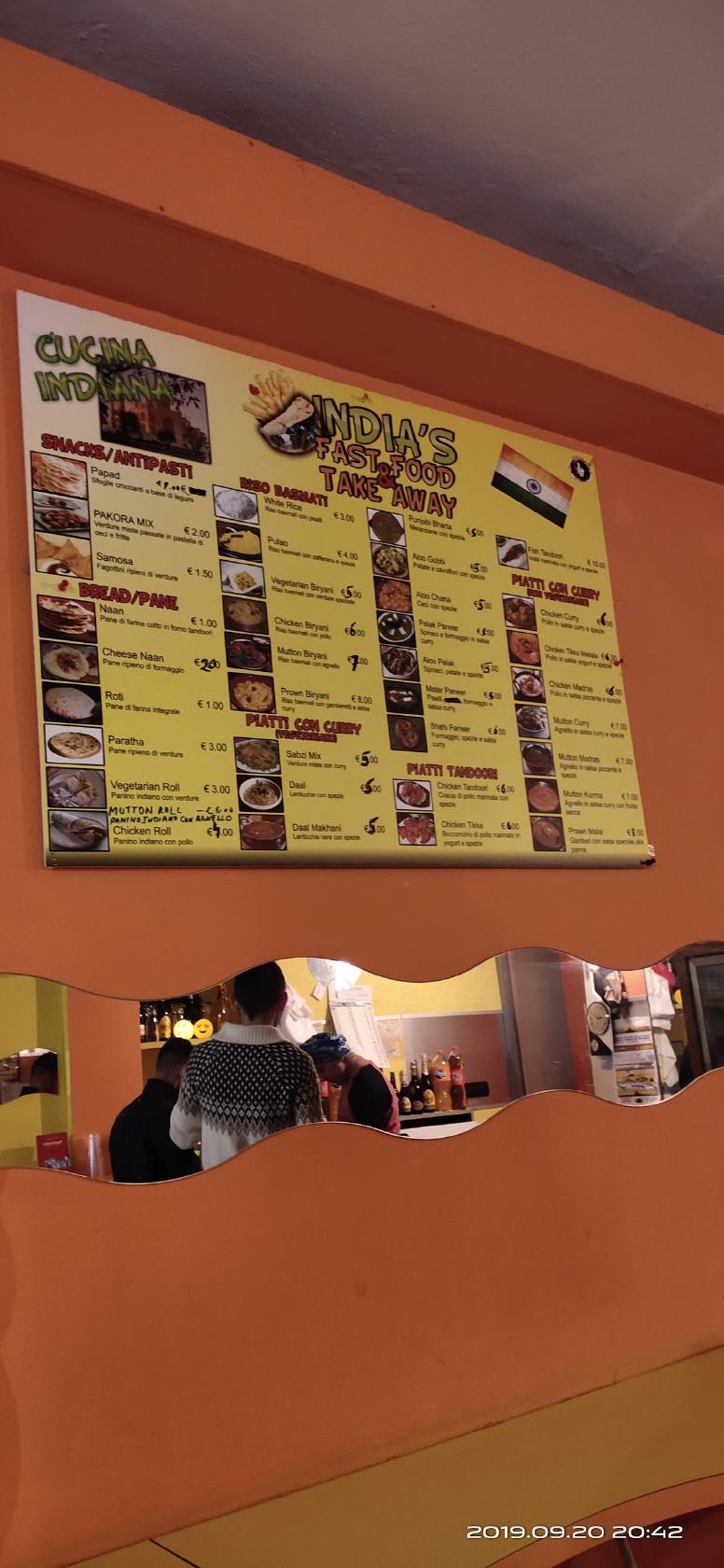 Menu at India's Fast Food & Take Away, Pavia