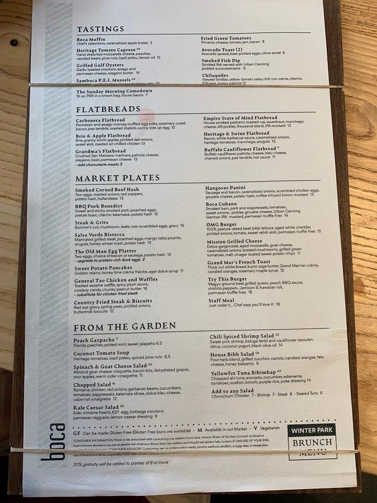Menu at Boca pub & bar, Winter Park