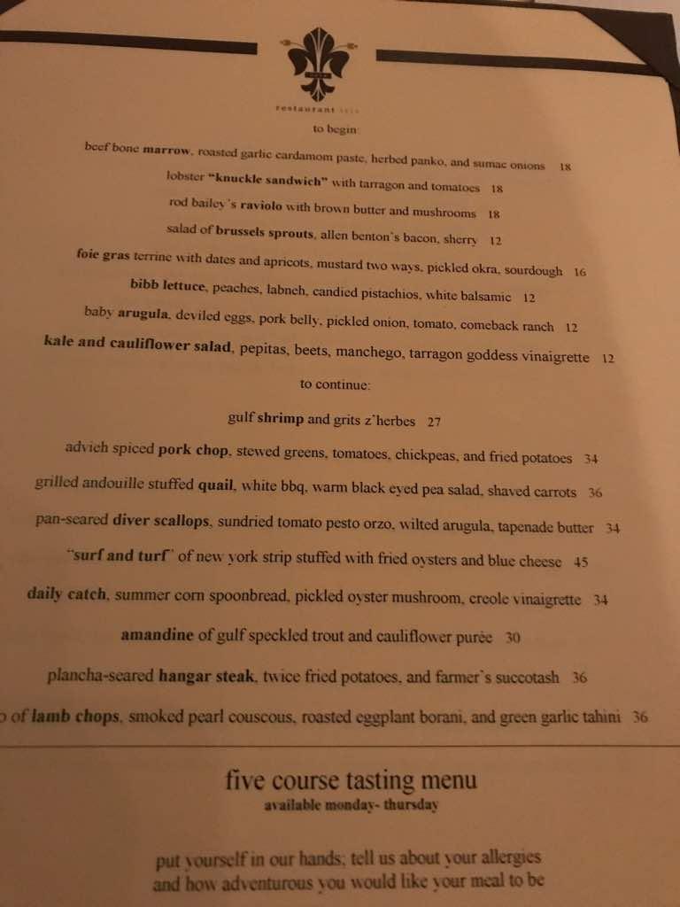 Menu at Iris restaurant, Memphis