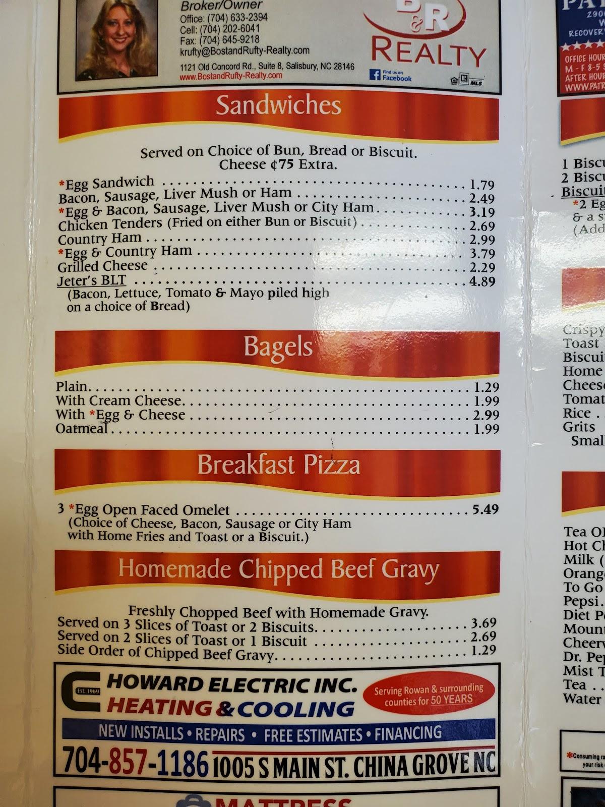 Menu at Jeter's Deli Cafe, Salisbury