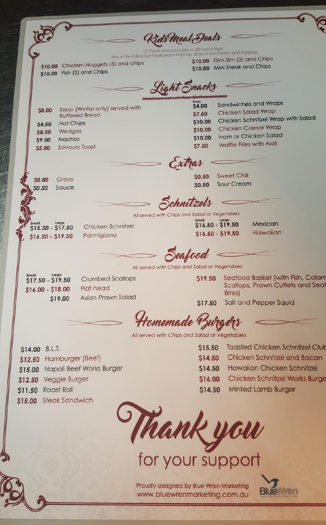 Menu at Napoli Cafe, Burnie, 2 Wilson St