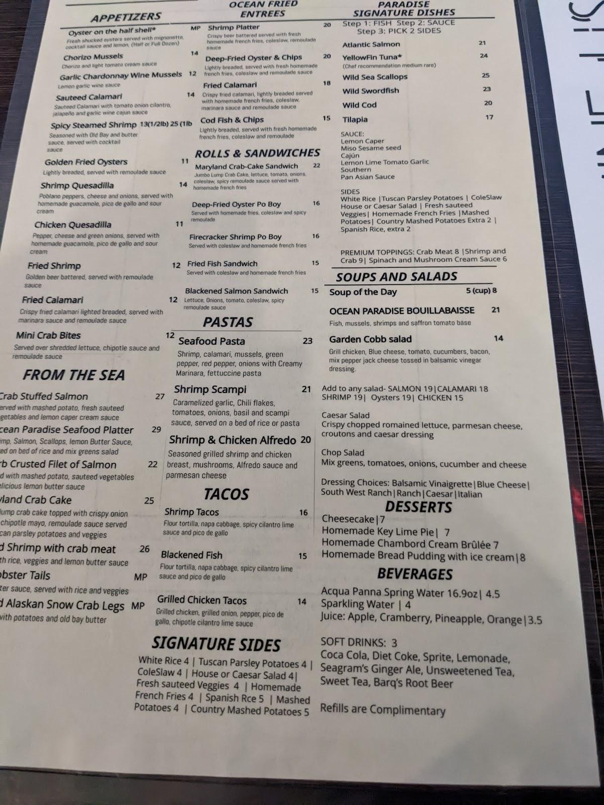 Menu at Ocean Paradise Restaurant & Bar, Chantilly