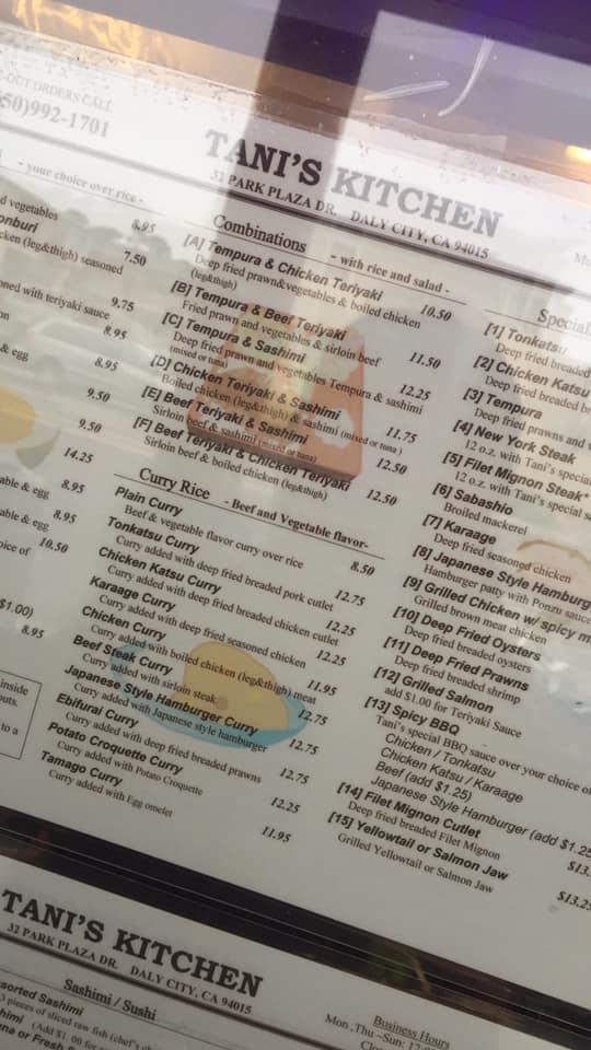 Menu at Tani's Kitchen restaurant, Daly City