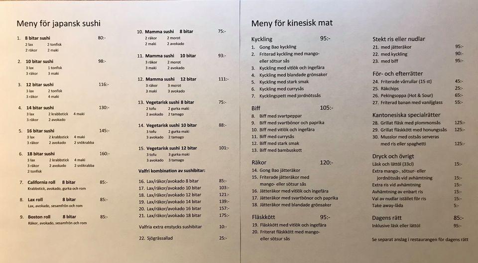 Menu at Tin Tin's restaurant, Säffle