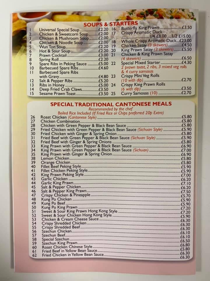 Menu at Universal Chinese Carry Out fast food, Darvel