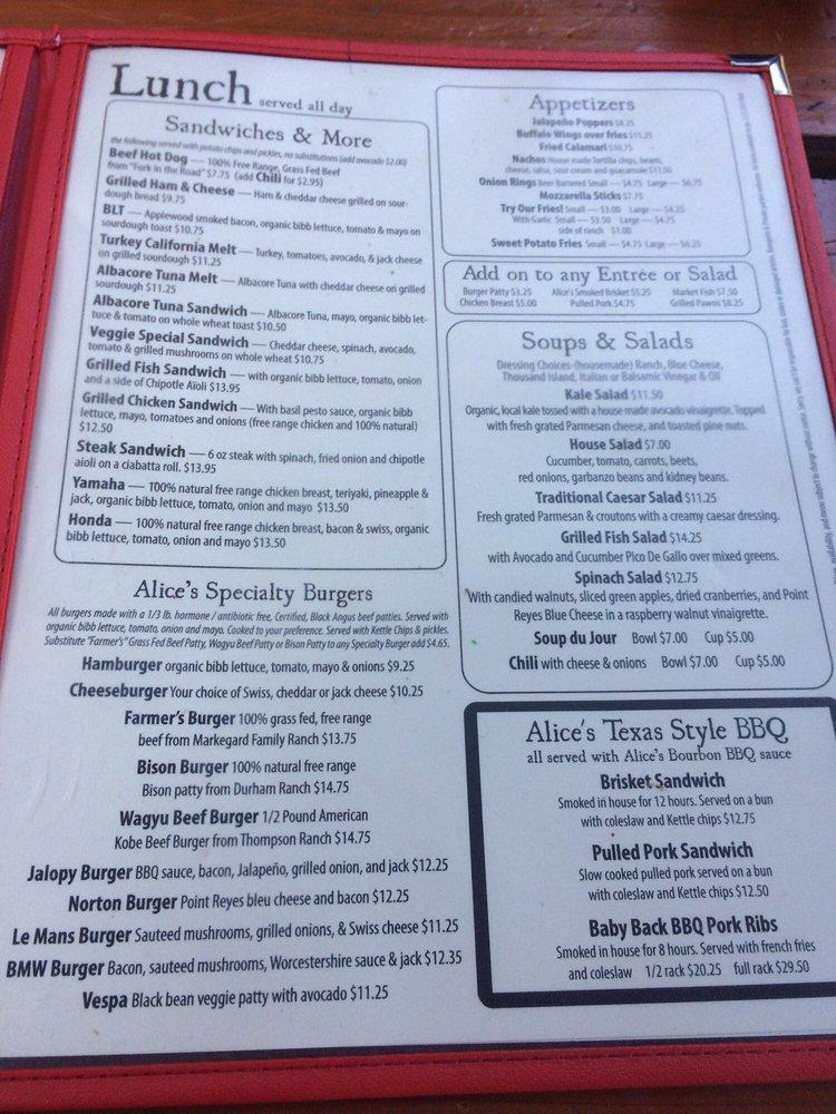 Menu at Alice's Restaurant, Woodside, Skyline Blvd
