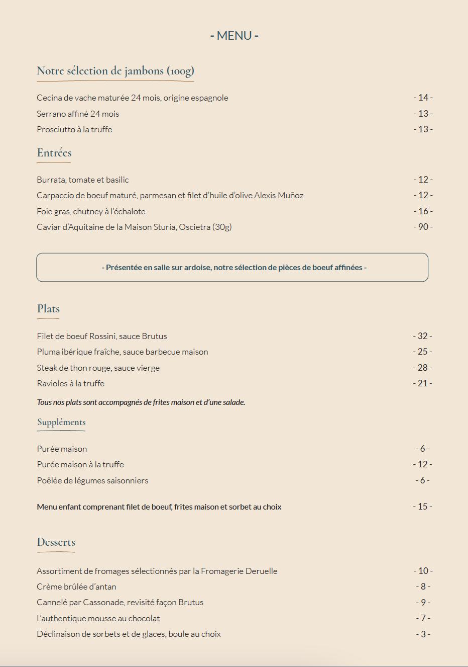 Menu au Brutus Restaurant Bordeaux, Bordeaux