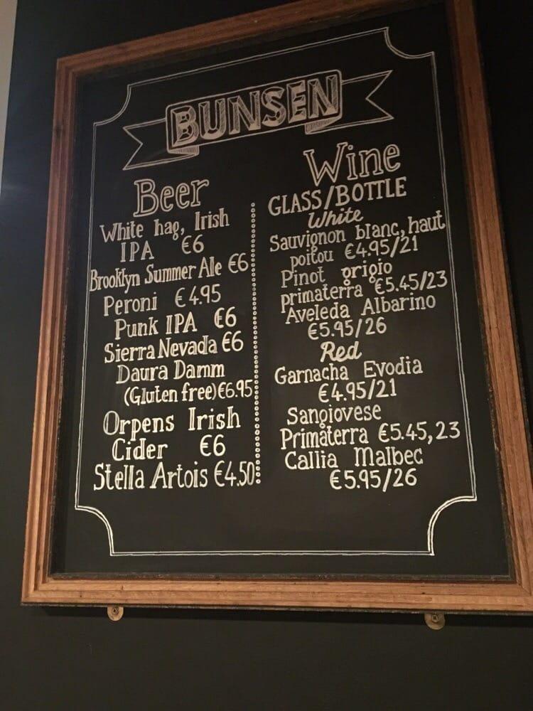 Menu at Bunsen restaurant, Dublin, 36 Wexford St