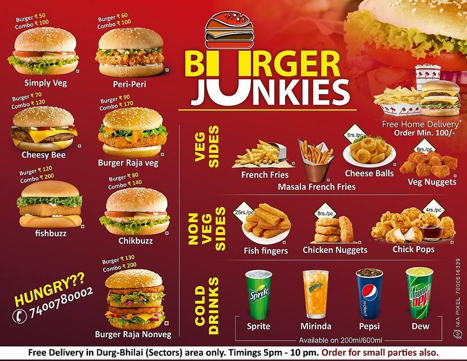 Menu at Burger Junkies, Durg